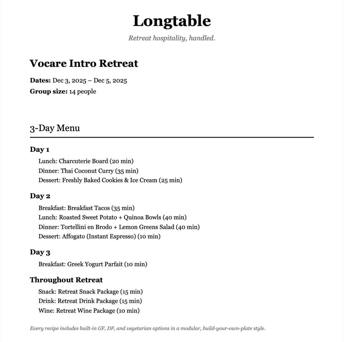 Longtable — Retreat meals, ready to cook